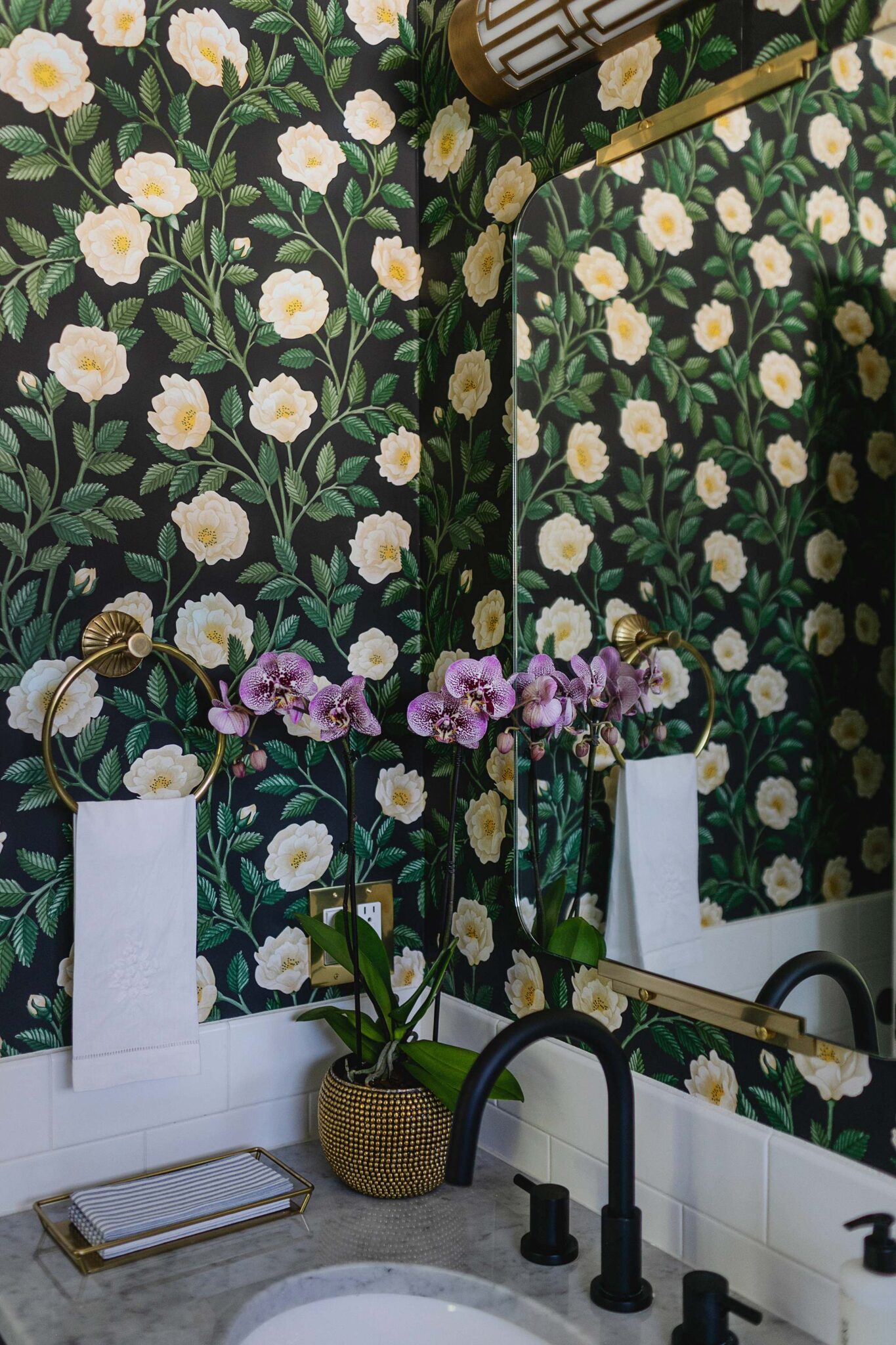 Hampton Roses Wallpaper in the Guest Bath - Diana Elizabeth