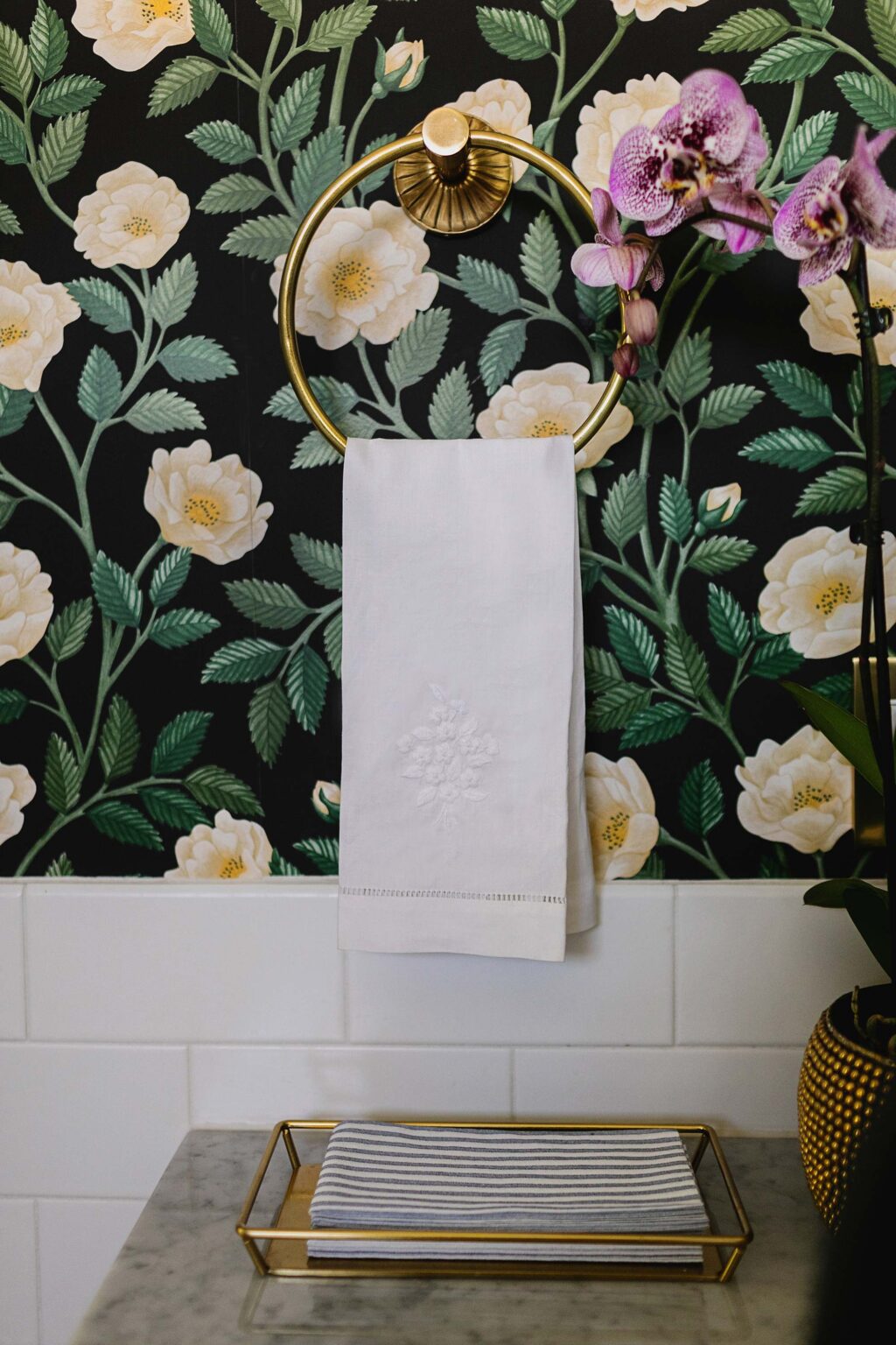 Hampton Roses Wallpaper in the Guest Bath - Diana Elizabeth